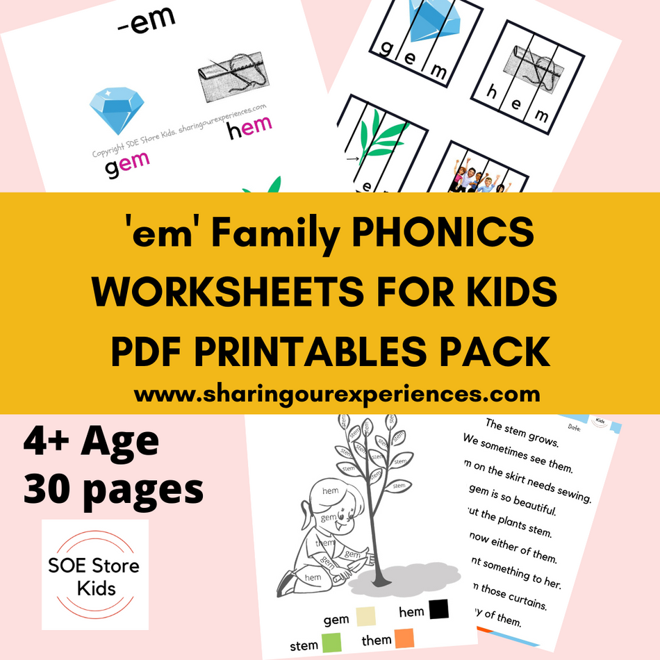"em" word family Phonics worksheets for kids