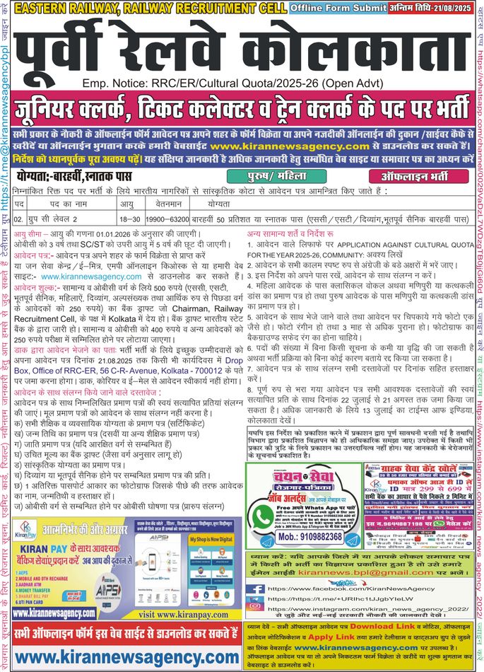 Eastern Railway Kolkata Vacancy Bharti 2025 Eastern Railway Kolkata Vacancy Bharti 2025
