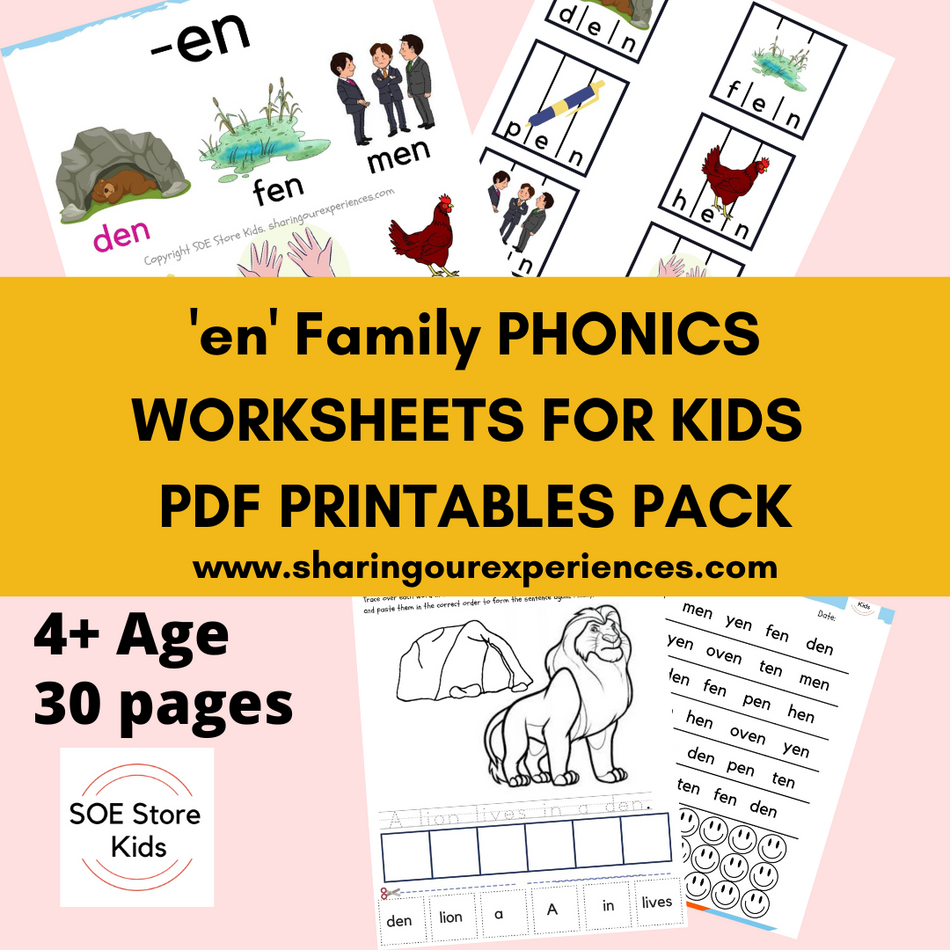 CVC "en" word family printable Phonics worksheets for kids