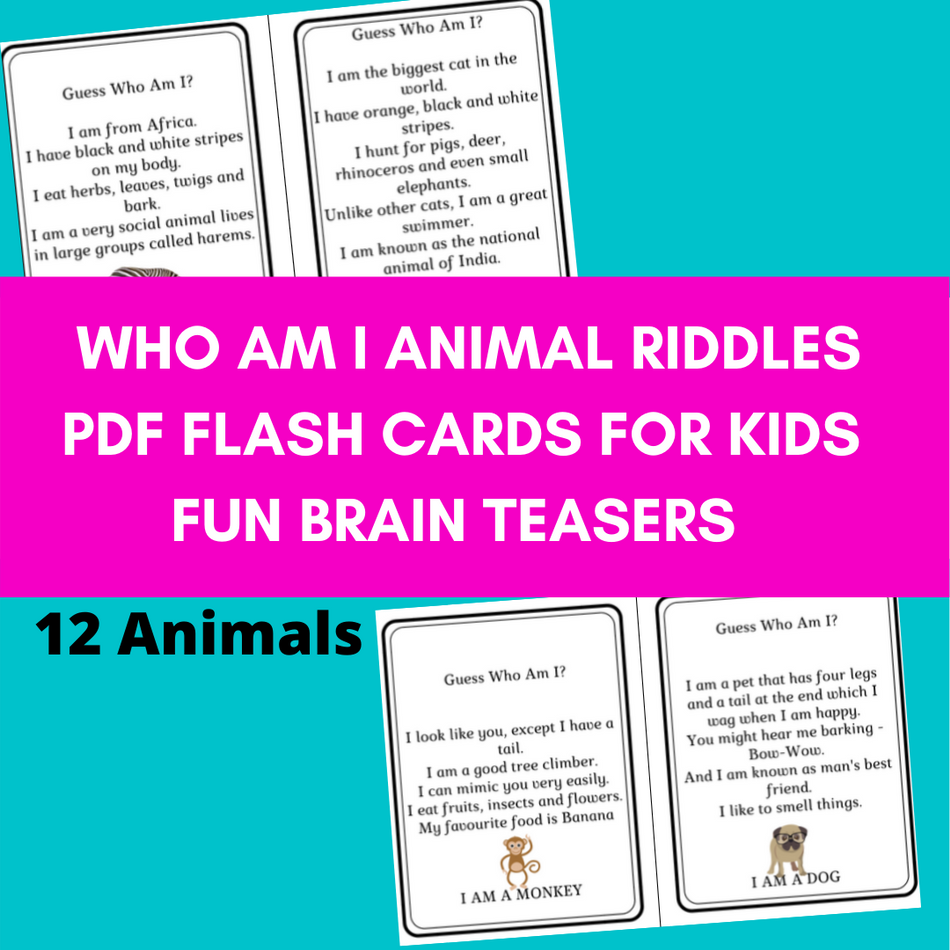 Animal riddles flashcards for kids - PDF with 12 flashcards