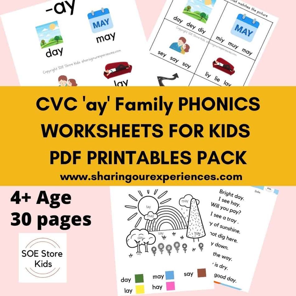 CVC "ay" word family printable Phonics worksheets for kids