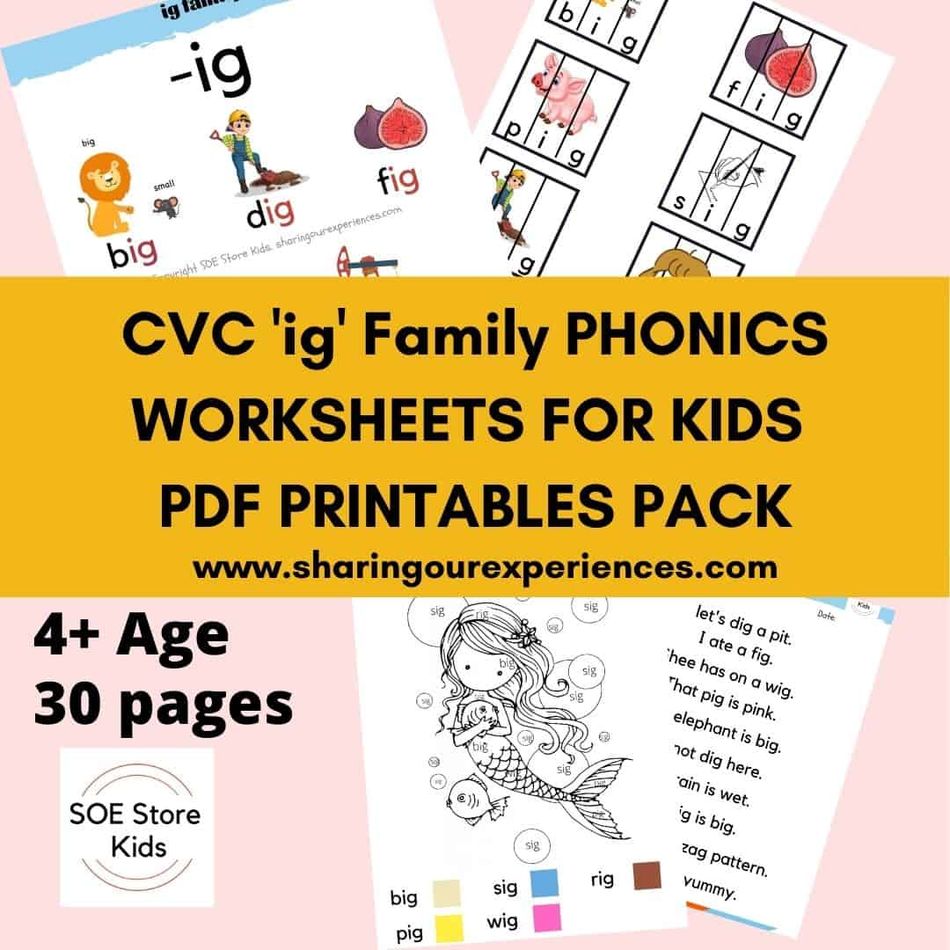CVC "ig" word family printable Phonics worksheets for kids