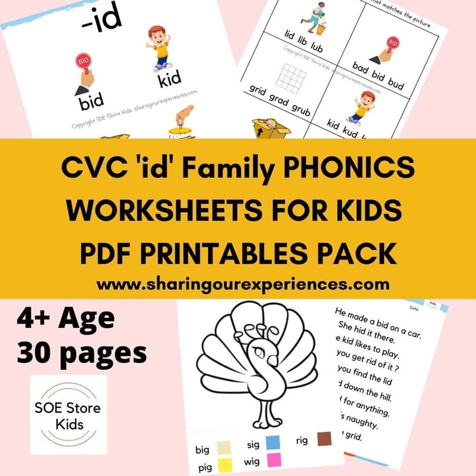 CVC "id" word family printable Phonics worksheets for kids