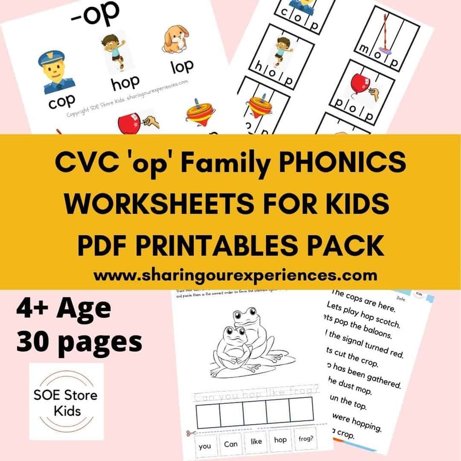 CVC "op" word family printable Phonics worksheets for kids